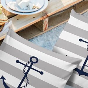 Outdoor Waterproof Throw Pillow Covers 2 Pack Square Pillowcases Grey White Stripes Anchor Pillow Protectors Decorative Cushion Cases for Patio,Garden,20x20 Inch