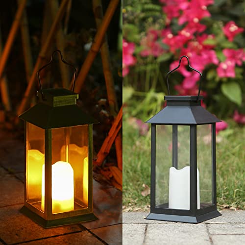 Tomshine 2 Pack Solar Lanterns, Outdoor Garden Hanging Lanterns, 11.8 Inch LED Flickering Flameless Candle Mission Lights for Yard, Table, Patio(Black)