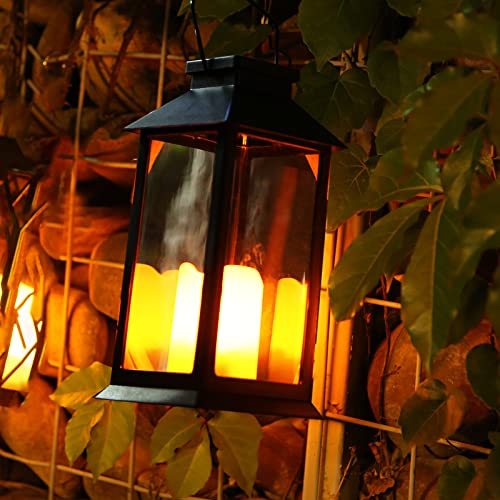 Tomshine 2 Pack Solar Lanterns, Outdoor Garden Hanging Lanterns, 11.8 Inch LED Flickering Flameless Candle Mission Lights for Yard, Table, Patio(Black)