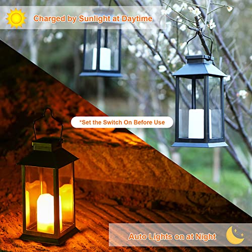 Tomshine 2 Pack Solar Lanterns, Outdoor Garden Hanging Lanterns, 11.8 Inch LED Flickering Flameless Candle Mission Lights for Yard, Table, Patio(Black)