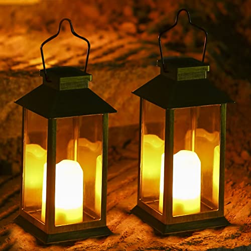 Tomshine 2 Pack Solar Lanterns, Outdoor Garden Hanging Lanterns, 11.8 Inch LED Flickering Flameless Candle Mission Lights for Yard, Table, Patio(Black)