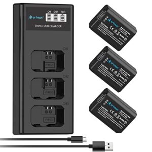 artman 3-pack np-fw50 battery and upgraded 3-slot lcd charger compatible with sony zv-e10, alpha a6000 a6300 a6400 a6500 a5000 a5100 a7 a7ii a7r a7rii a7s a7sii rx10 ii iii camera