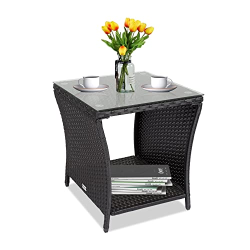 kinbor Porch Side Table, Wicker Table with Storage, Outdoor Square Side Tables for Patio Garden Porch, Black