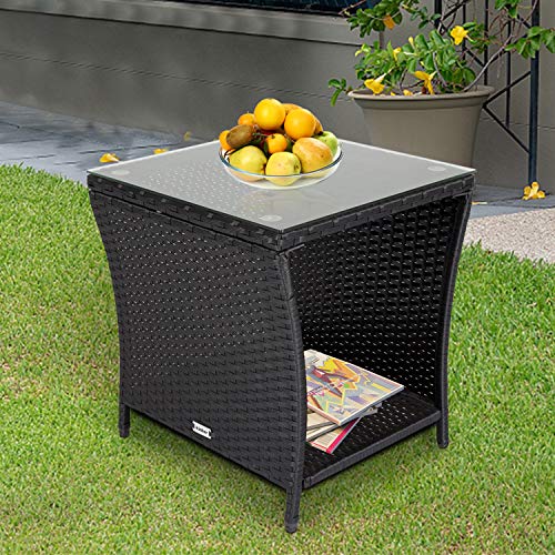 kinbor Porch Side Table, Wicker Table with Storage, Outdoor Square Side Tables for Patio Garden Porch, Black