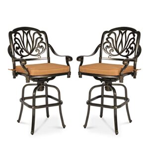 meetwarm 2 piece outdoor patio swivel bar stools, all-weather cast aluminum bar height bistro chairs, outdoor furniture bar dining chair set with cushions for garden deck backyard, dark bronze