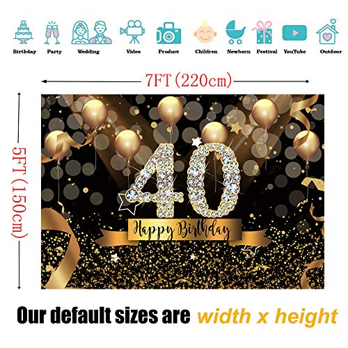 Sensfun 7x5ft Happy 40th Birthday Party Photography Backdrop Glitter Black and Gold Balloons Background for Adult Fabulous 40 Bday Party Decorations Shining Diamond Fifty Years Old Photo Booth Banner