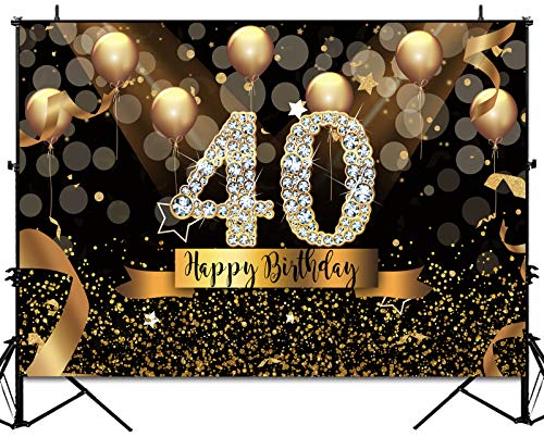 Sensfun 7x5ft Happy 40th Birthday Party Photography Backdrop Glitter Black and Gold Balloons Background for Adult Fabulous 40 Bday Party Decorations Shining Diamond Fifty Years Old Photo Booth Banner