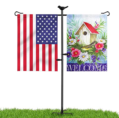 Upgraded 47 Inch Garden Flag Stand Holder Pole for Double Flags with 5 Prong Bases and Anti-Wind Clip for 12" x 18" Yard Flags Décor, Outdoor Iron Yard Flag Pole Garden Double Flags Holder