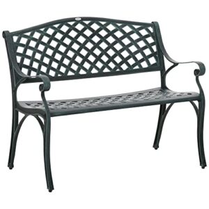 outsunny metal garden bench for front porch, loveseat like 2 person, armrests, copper color cast aluminum, weaving latticework outdoor furniture, verdigris green