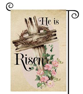 balgardekor he is risen easter garden flag vertical double sided burlap flower cross spring summer yard outdoor decor home decor (12.5 x 18, easter)