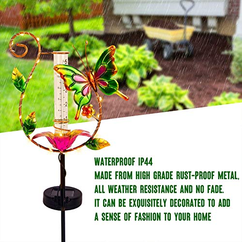 Juegoal 31.5 Inch Rain Gauge, Solar Powered Lighted Butterfly Garden Stakes Decor with 16 LED Warm White Copper Lights, Metal Yard Art Outdoor Lawn Pathway Patio Decorations