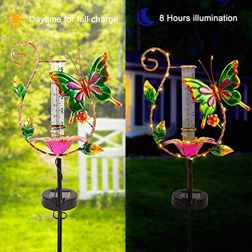 Juegoal 31.5 Inch Rain Gauge, Solar Powered Lighted Butterfly Garden Stakes Decor with 16 LED Warm White Copper Lights, Metal Yard Art Outdoor Lawn Pathway Patio Decorations