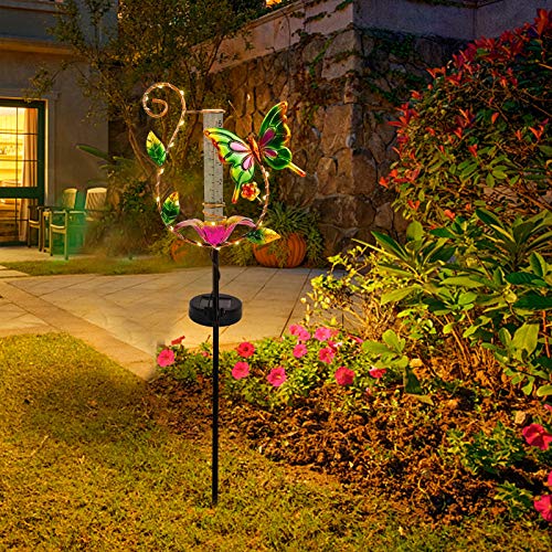 Juegoal 31.5 Inch Rain Gauge, Solar Powered Lighted Butterfly Garden Stakes Decor with 16 LED Warm White Copper Lights, Metal Yard Art Outdoor Lawn Pathway Patio Decorations