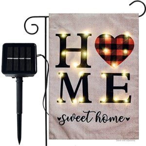 home sweet home heart yard garden flag with lights- solar led burlap buffalo plaid all seasons garden flags banner 12×18 double sided for patio lawn yard outside decoration farmhouse