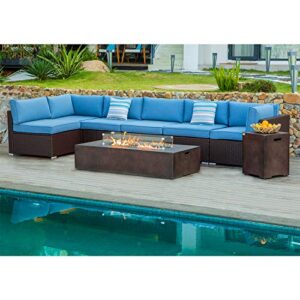 COSIEST 9 Piece Propane Fire Pit Outdoor Wicker Sectional Sofa, Chocolate Brown Patio Furniture Set w 56"X28" Rectangle Bronze Fire Table (50,000 BTU), Tank Cover and Wind Glass for Garden,Yard