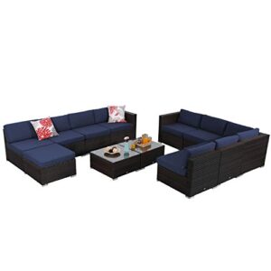 sophia & william outdoor patio furniture set 12 piece low-back rattan wicker sectional sofa patio conversation set, navy blue