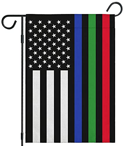 Thin Blue Green and Red Line American Flag Garden Flags, Patriotic USA Honoring Police Military and Fire Officers Flag Yard Farmhouse Outdoor Lawn Decor 12 x 18 Inch Vertical Double Sided Burlap