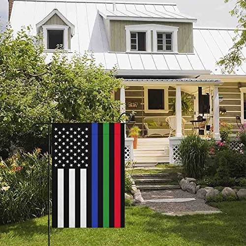 Thin Blue Green and Red Line American Flag Garden Flags, Patriotic USA Honoring Police Military and Fire Officers Flag Yard Farmhouse Outdoor Lawn Decor 12 x 18 Inch Vertical Double Sided Burlap