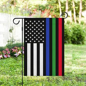 Thin Blue Green and Red Line American Flag Garden Flags, Patriotic USA Honoring Police Military and Fire Officers Flag Yard Farmhouse Outdoor Lawn Decor 12 x 18 Inch Vertical Double Sided Burlap