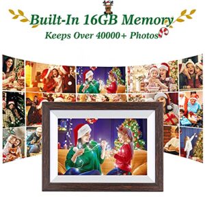 WiFi Digital Picture Frame 10.1 Inch Smart Digital Photo Frame with IPS Touch Screen HD Display, 16GB Storage Easy Setup to Share Photos or Videos Anywhere via Free Frameo APP (Brown Wood Frame)