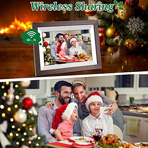 WiFi Digital Picture Frame 10.1 Inch Smart Digital Photo Frame with IPS Touch Screen HD Display, 16GB Storage Easy Setup to Share Photos or Videos Anywhere via Free Frameo APP (Brown Wood Frame)