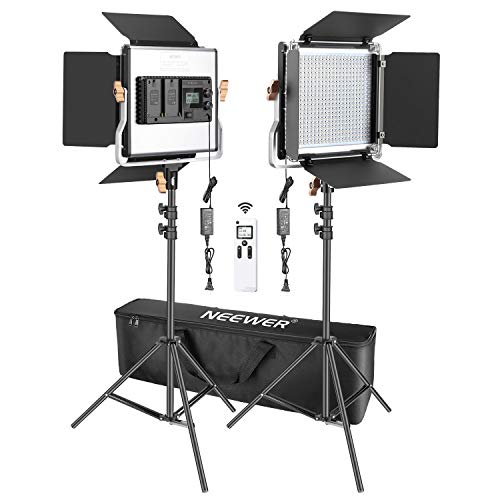 Neewer 2 Packs Advanced 2.4G 480 LED Video Light Photography Lighting Kit with Bag, Dimmable Bi-Color LED Panel with 2.4G Wireless Remote, LCD Screen and Light Stand for Portrait Product Photography