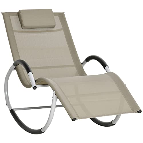 Outsunny Outdoor Rocking Chair with Detachable Pillow, Zero Gravity Patio Chaise Sun Lounger Chair with Breathable Mesh Fabric, and Curved Armrests for Lawn, Garden or Pool, Sand