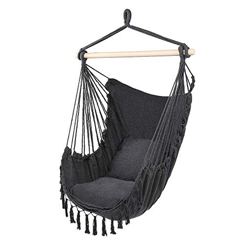 Gappys Tassel Hammock Hanging Chair - Cotton Rope Swing Seat - Max 250 Lbs - 2 Cushions Included - for Indoor Outdoor Bedroom Garden Yard Patio Porch (Black), 47 x 31 inch (macrame hammock chair)