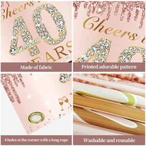 Large Cheers to 40 Years Birthday Decorations for Women, Pink Rose Gold Happy 40th Birthday Banner Backdrop Party Supplies, Forty Birthday Poster Background Sign Decor