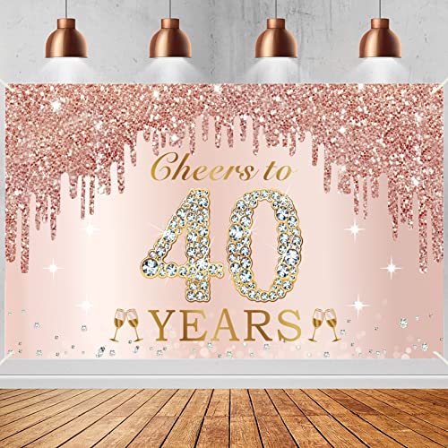 Large Cheers to 40 Years Birthday Decorations for Women, Pink Rose Gold Happy 40th Birthday Banner Backdrop Party Supplies, Forty Birthday Poster Background Sign Decor