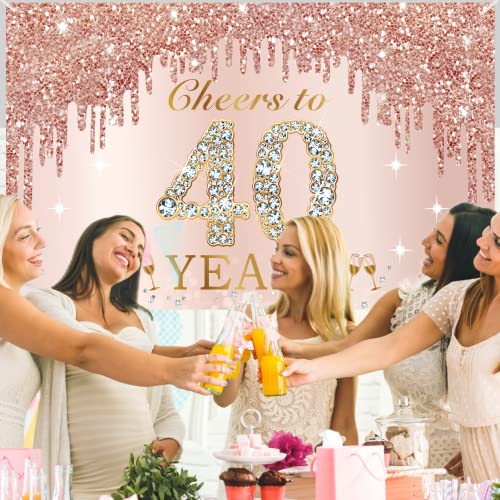 Large Cheers to 40 Years Birthday Decorations for Women, Pink Rose Gold Happy 40th Birthday Banner Backdrop Party Supplies, Forty Birthday Poster Background Sign Decor