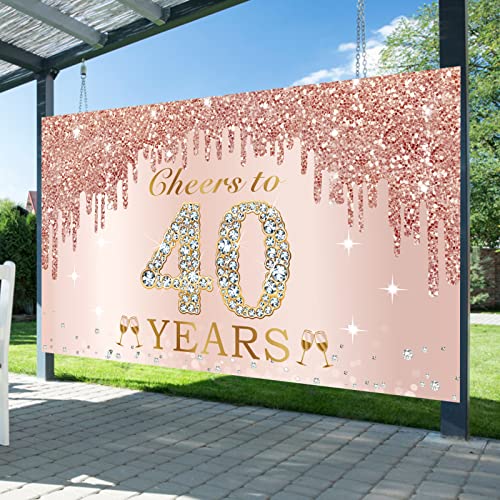 Large Cheers to 40 Years Birthday Decorations for Women, Pink Rose Gold Happy 40th Birthday Banner Backdrop Party Supplies, Forty Birthday Poster Background Sign Decor