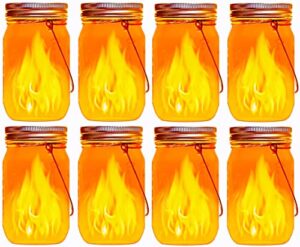 hanging solar flame torch lights,8 pack flickering flame mason jar lights for outdoor patio party garden wedding decor solar lantern lights(mason jars/handles included)