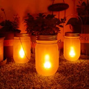 Hanging Solar Flame Torch Lights,8 Pack Flickering Flame Mason Jar Lights for Outdoor Patio Party Garden Wedding Decor Solar Lantern Lights(Mason Jars/Handles Included)