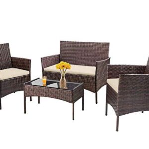 Patio Furniture Set 4 Piece Outdoor Wicker Sofas Rattan Chair Wicker Conversation Set Coffee Table Bistro Sets for Pool Backyard Lawn (Brown)