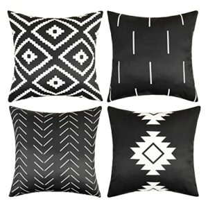 Adabana Set of 4 Outdoor Waterproof Throw Pillow Covers 18x18 Decorative Pillows Case for Patio Furniture Garden(Black-Boho)