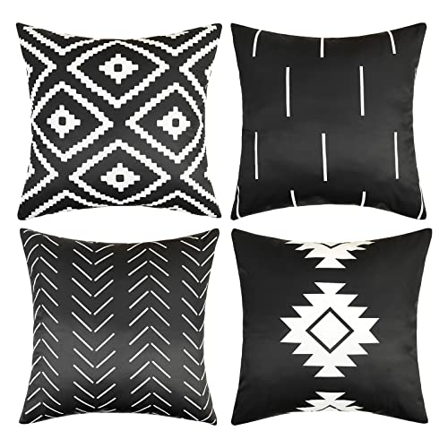 Adabana Set of 4 Outdoor Waterproof Throw Pillow Covers 18x18 Decorative Pillows Case for Patio Furniture Garden(Black-Boho)