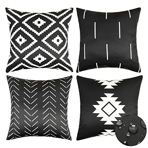 Adabana Set of 4 Outdoor Waterproof Throw Pillow Covers 18x18 Decorative Pillows Case for Patio Furniture Garden(Black-Boho)