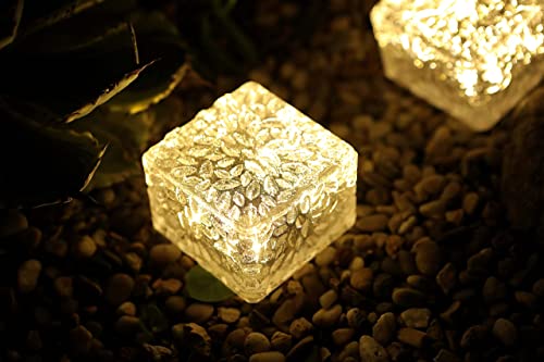 Solar Brick Lights, Glass Brick Lights, ice Brick Lights, Scene Lights, Garden Street Lights with switches, Suitable for Outdoor Path Atmosphere Lights in Gardens and courtyards(4pcs)（Big Warm White）