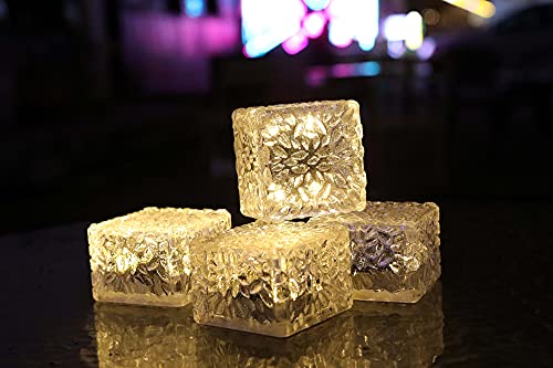 Solar Brick Lights, Glass Brick Lights, ice Brick Lights, Scene Lights, Garden Street Lights with switches, Suitable for Outdoor Path Atmosphere Lights in Gardens and courtyards(4pcs)（Big Warm White）