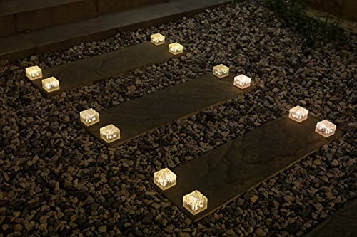 Solar Brick Lights, Glass Brick Lights, ice Brick Lights, Scene Lights, Garden Street Lights with switches, Suitable for Outdoor Path Atmosphere Lights in Gardens and courtyards(4pcs)（Big Warm White）