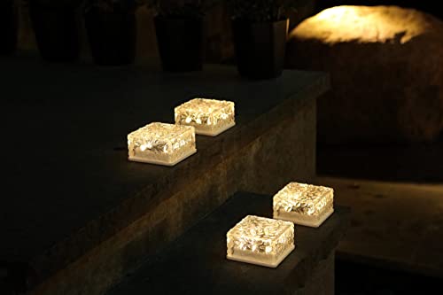 Solar Brick Lights, Glass Brick Lights, ice Brick Lights, Scene Lights, Garden Street Lights with switches, Suitable for Outdoor Path Atmosphere Lights in Gardens and courtyards(4pcs)（Big Warm White）