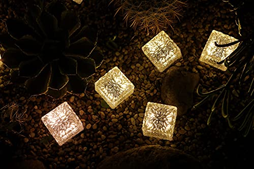 Solar Brick Lights, Glass Brick Lights, ice Brick Lights, Scene Lights, Garden Street Lights with switches, Suitable for Outdoor Path Atmosphere Lights in Gardens and courtyards(4pcs)（Big Warm White）