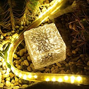 Solar Brick Lights, Glass Brick Lights, ice Brick Lights, Scene Lights, Garden Street Lights with switches, Suitable for Outdoor Path Atmosphere Lights in Gardens and courtyards(4pcs)（Big Warm White）