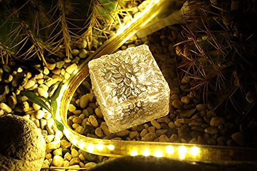 Solar Brick Lights, Glass Brick Lights, ice Brick Lights, Scene Lights, Garden Street Lights with switches, Suitable for Outdoor Path Atmosphere Lights in Gardens and courtyards(4pcs)（Big Warm White）