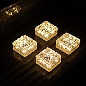 Solar Brick Lights, Glass Brick Lights, ice Brick Lights, Scene Lights, Garden Street Lights with switches, Suitable for Outdoor Path Atmosphere Lights in Gardens and courtyards(4pcs)（Big Warm White）