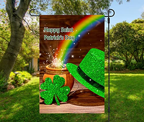 St Patricks Day Garden Flag - Pot of Gold Leprechaun Flag - 12 x 18 Double Sided Irish Garden Flags - Shamrock Saint Patricks Day Rainbow Flag by Jolly Jon