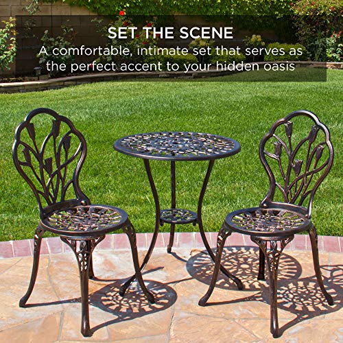 Best Choice Products 3-Piece Outdoor Rust-Resistant Cast Aluminum Patio Bistro Set w/Tulip Design, Antique Finish - Copper