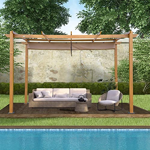 Domi 10' x 13' Outdoor Retractable Pergola, Gazebo Modern Grape Trellis Pergola with Sun Shade Canopy, Patio Aluminum Shelter for Garden Porch Beach Yard with Natural Wood Grain Frame