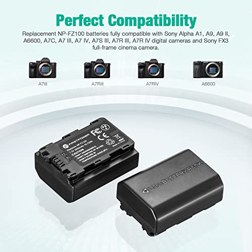 FirstPower NP-FZ100 Battery 2-Pack and Dual USB Charger Compatible with Sony Alpha A7 III, A7 IV, A7R III, A7R IV, A7S III, A6600, A7C, FX3, A1, A9, A9II, A9R, A9S, A7R3 Camera